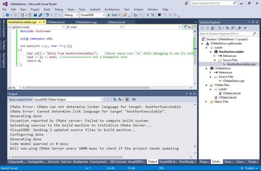 Creating CMake Linux projects with Visual Studio – VisualGDB Tutorials