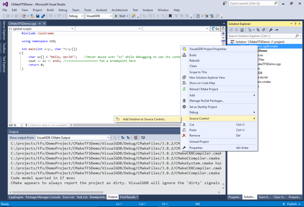 Building Advanced CMake projects with Team Foundation Server – VisualGDB Tutorials