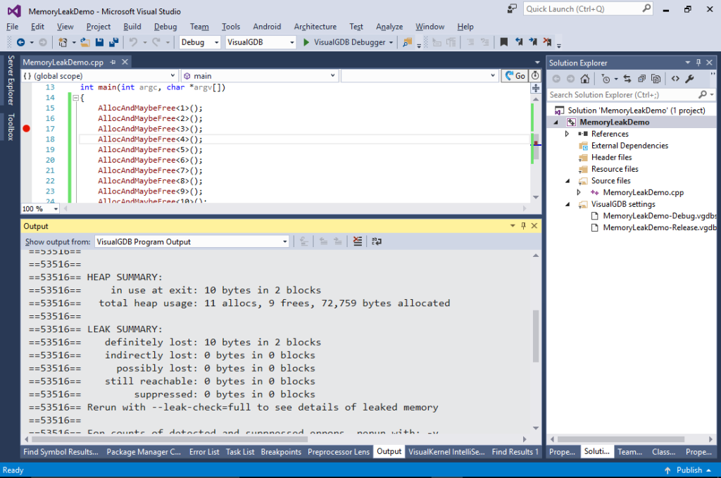 Finding Memory Leaks in Linux Programs with VisualGDB – VisualGDB Tutorials