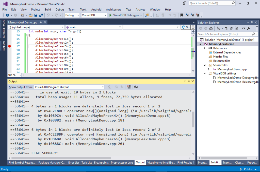 Finding Memory Leaks in Linux Programs with VisualGDB – VisualGDB Tutorials