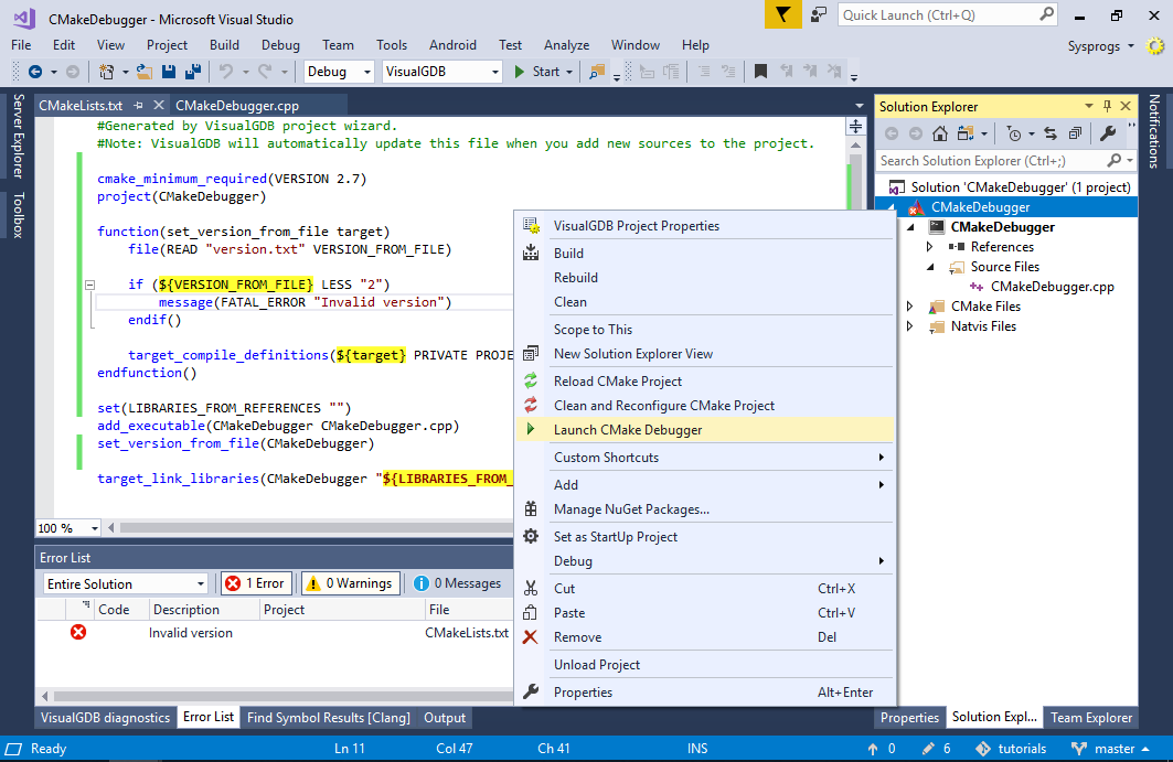 Debugging CMake Scripts With Visual Studio VisualGDB Tutorials
