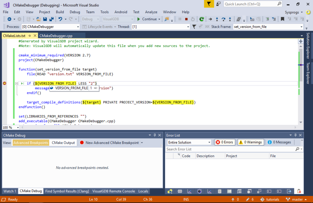 Debugging CMake Scripts with Visual Studio – VisualGDB Tutorials